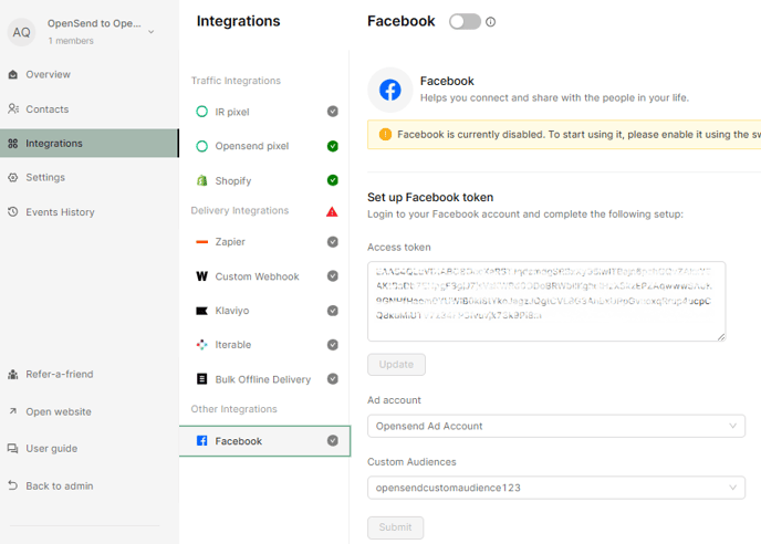 How does Opensend enable retargeting with ads via Facebook integration?